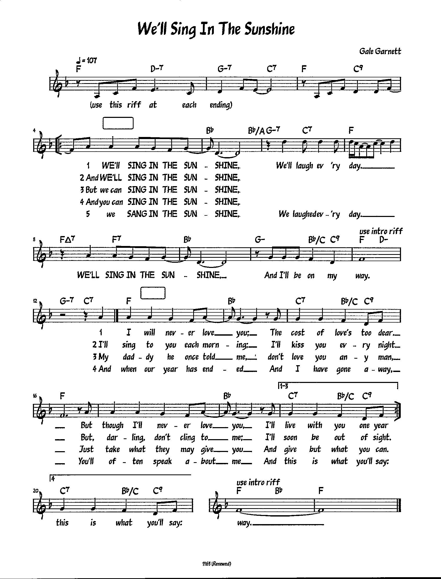 We'll Sing in the Sunshine - Digital Download Tune for C Instruments ...