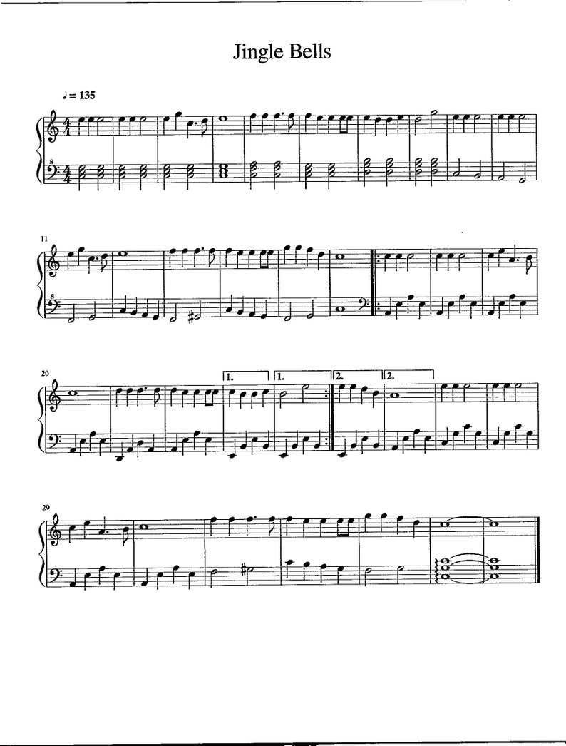 Jingle Bells - Digital Easy Piano Solo Arrangement - Key of C - Etsy