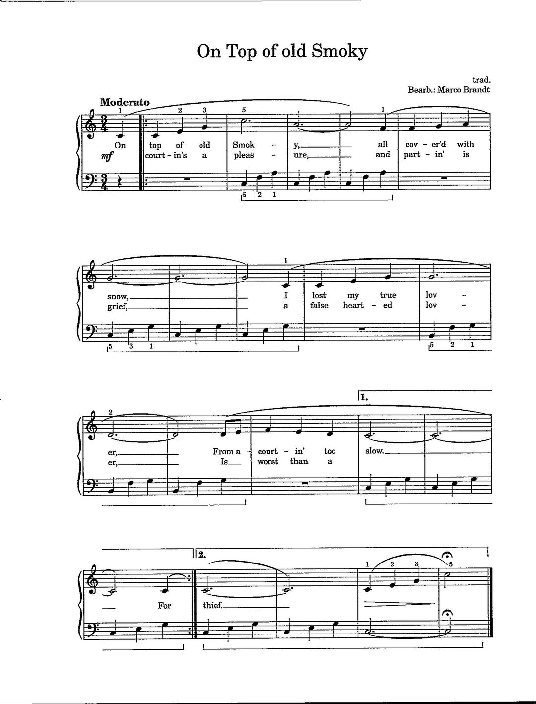 On Top of Old Smoky - Digital Easy Sheet Music for Piano and Voice ...