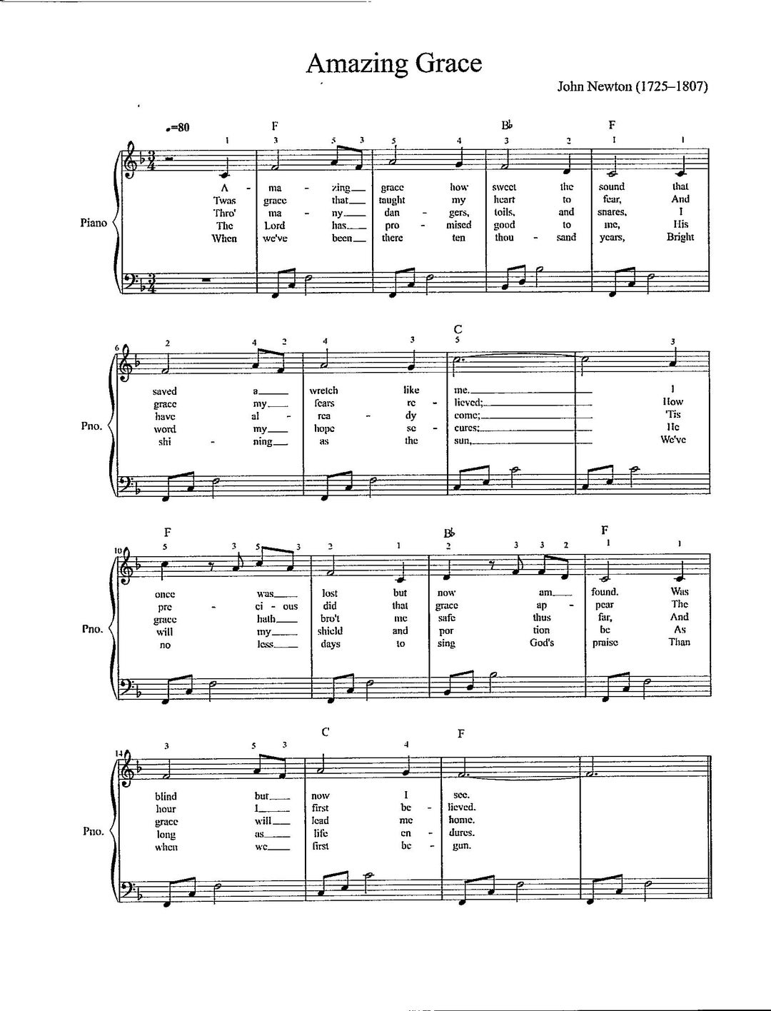 Amazing Grace - Digital Easy Piano & Lyrics Hymn Tune - Key of F - Etsy