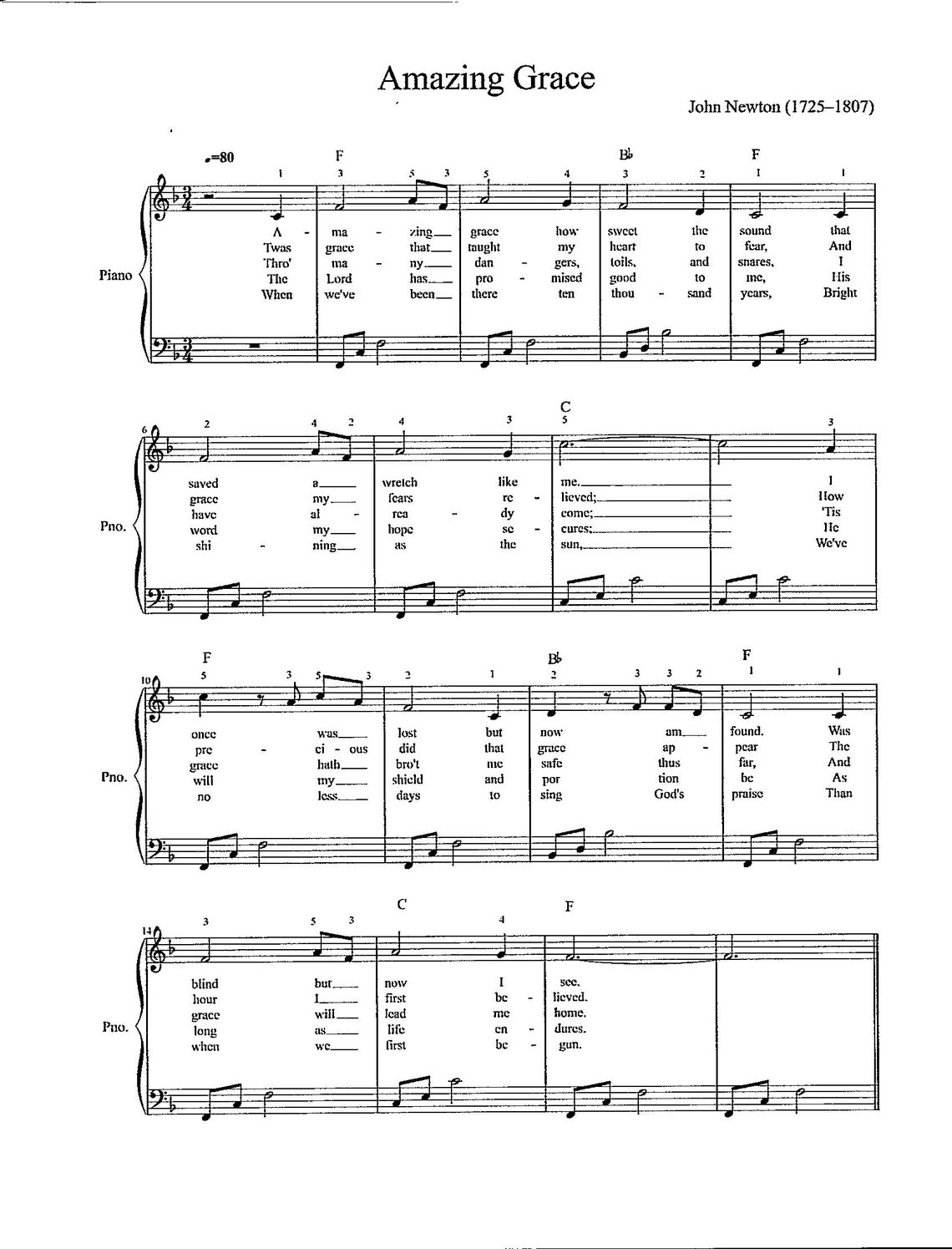 Amazing Grace - Digital Easy Piano & Lyrics Hymn Tune - Key of F - Etsy