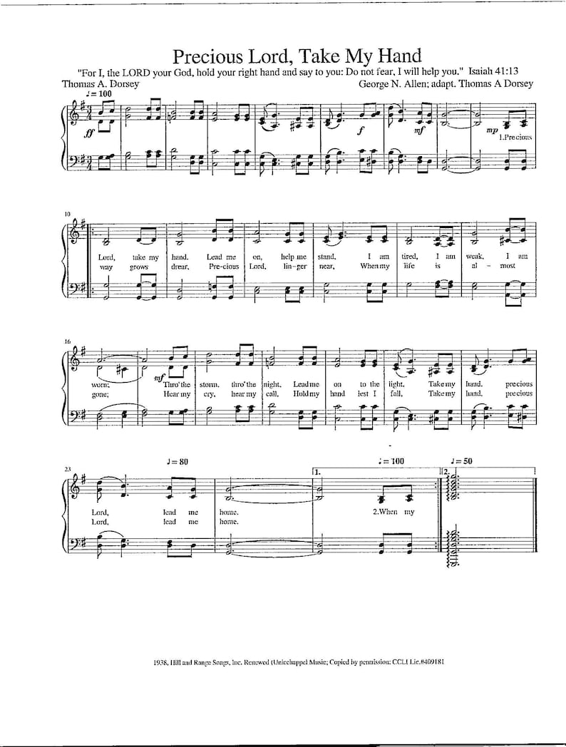 Precious Lord, Take My Hand - Digital Printable Hymn Tune With Lyrics ...