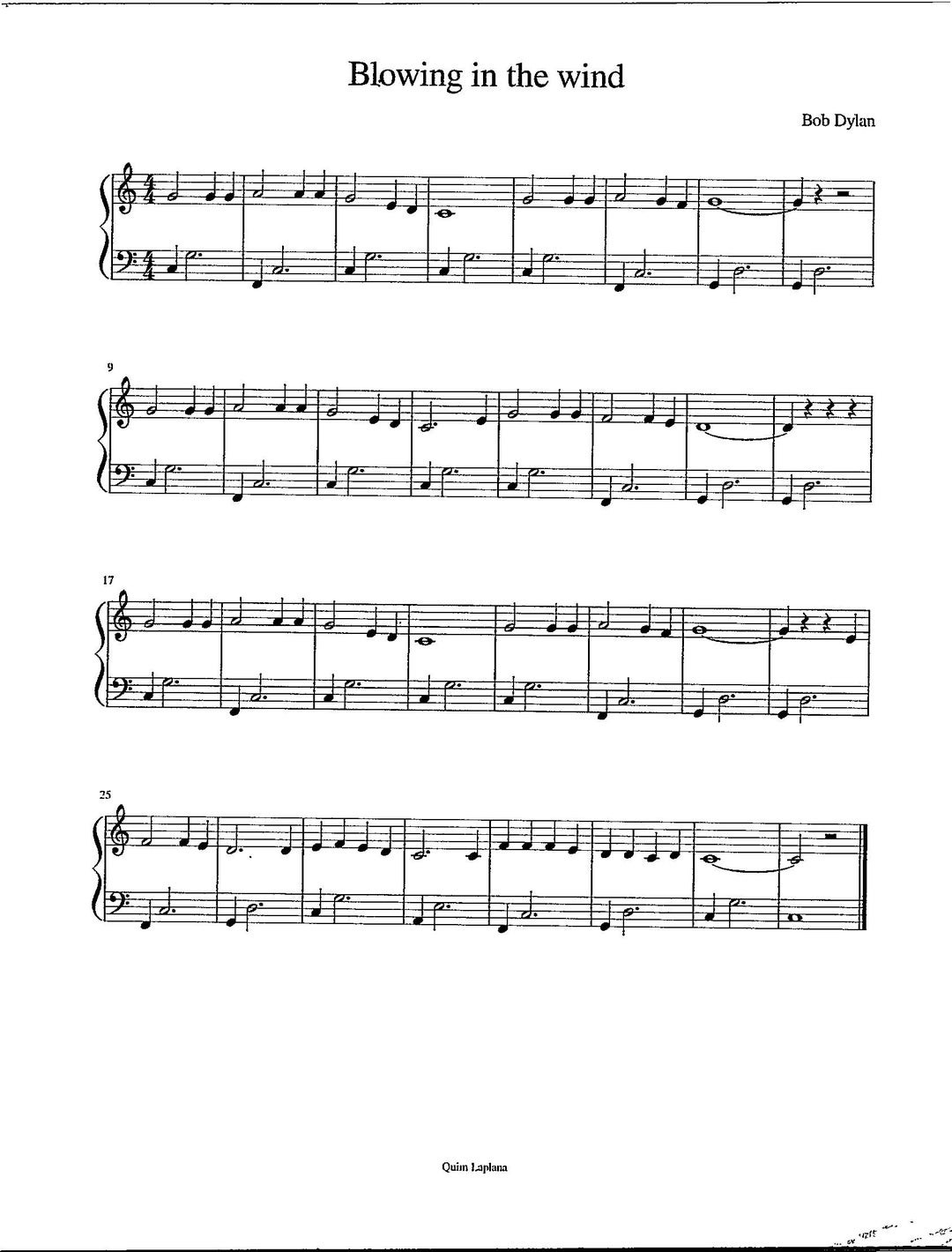 Blowing in the Wind - Digital Easy Piano Solo - Key of C - Etsy