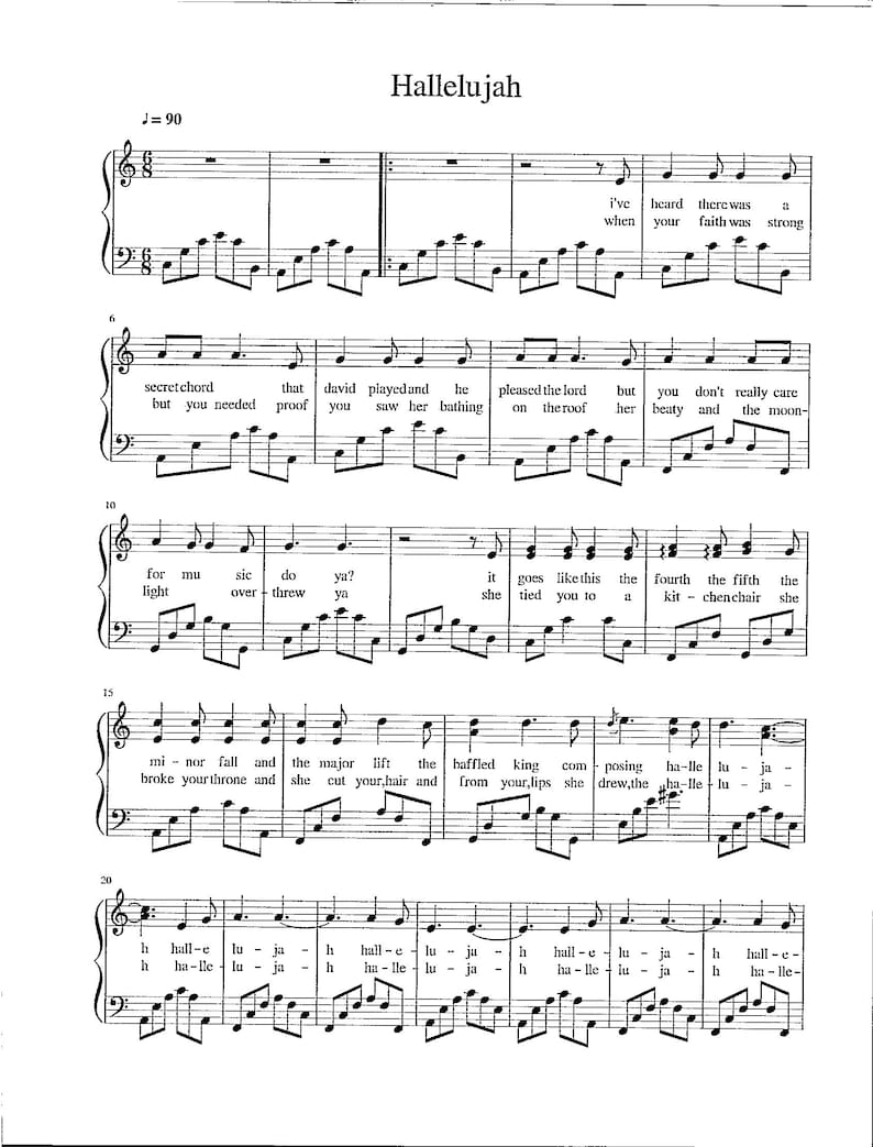 Hallelujah - Digital Piano Sheet Music With Lyrics - Key of C - Etsy