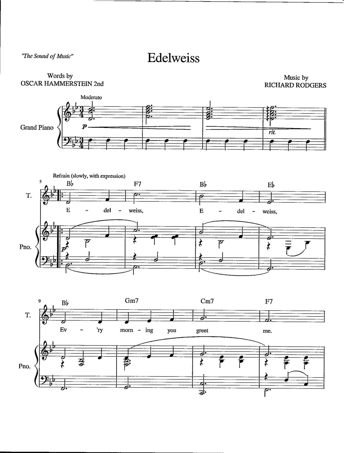 Edelweiss - Digital Download Easy Piano Chords and Lyrics Sheet Music ...