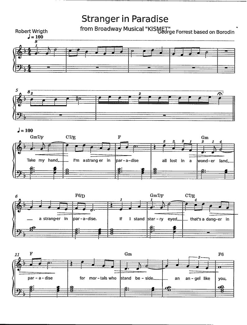 Stranger in Paradise - Digital Download Sheet Music for Piano and Voice ...