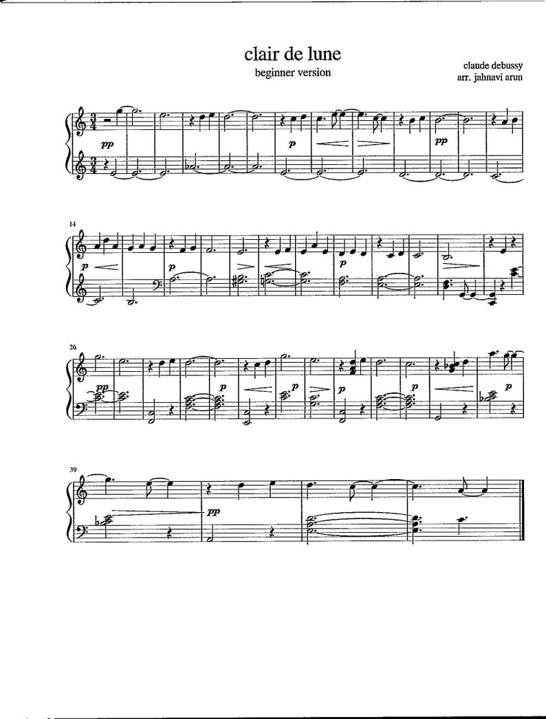 Clair De Lune by Debussy - Digital Easy Teaching Arrangement Piano Solo ...