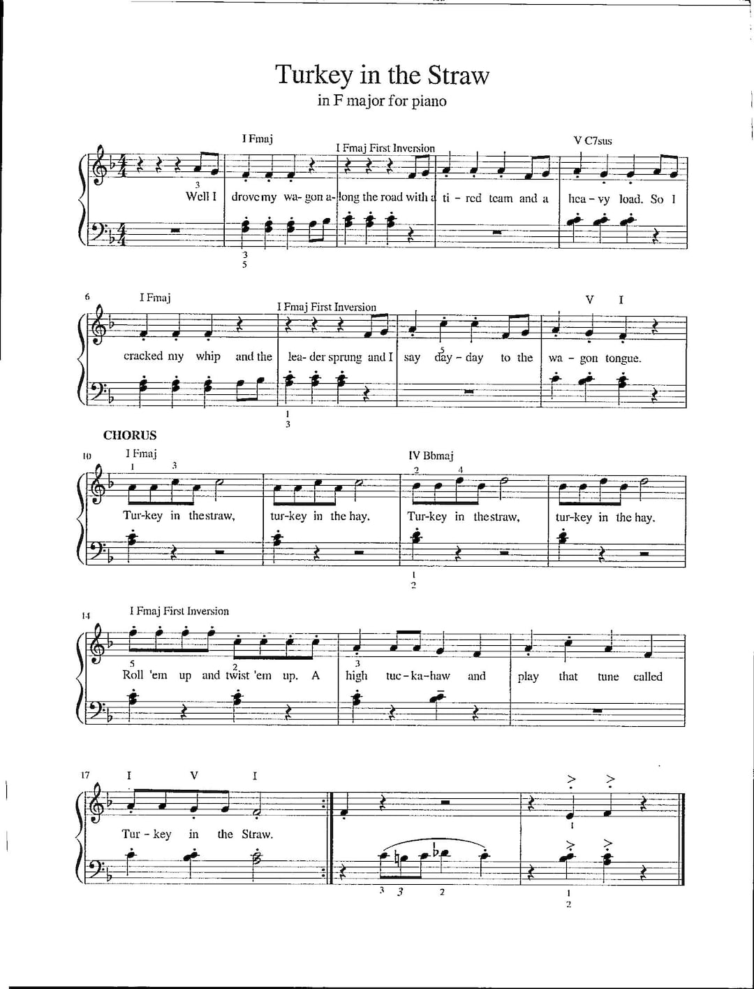 Turkey in the Straw - Digital Easy Sheet Music With Lyrics - Key of F ...