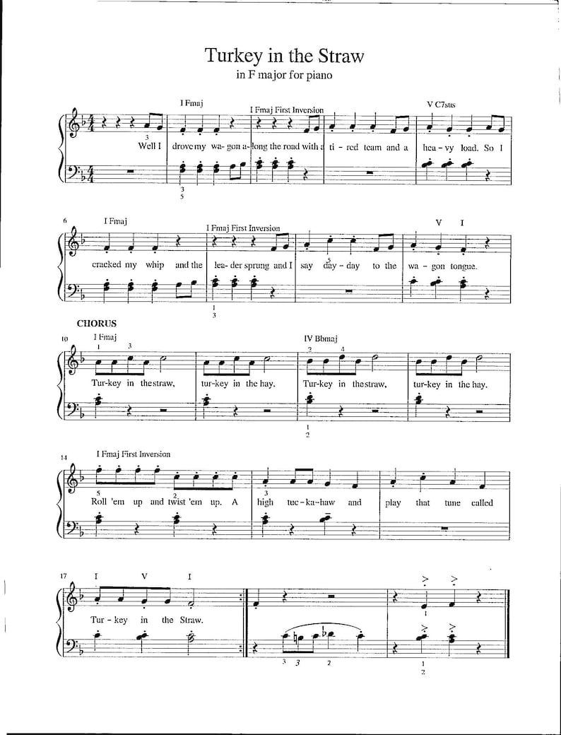 Turkey in the Straw - Digital Easy Sheet Music With Lyrics - Key of F ...