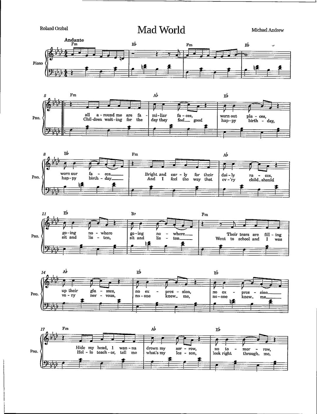 Mad World - Digital Teaching Piano With Lyrics and Chords - Key of F ...