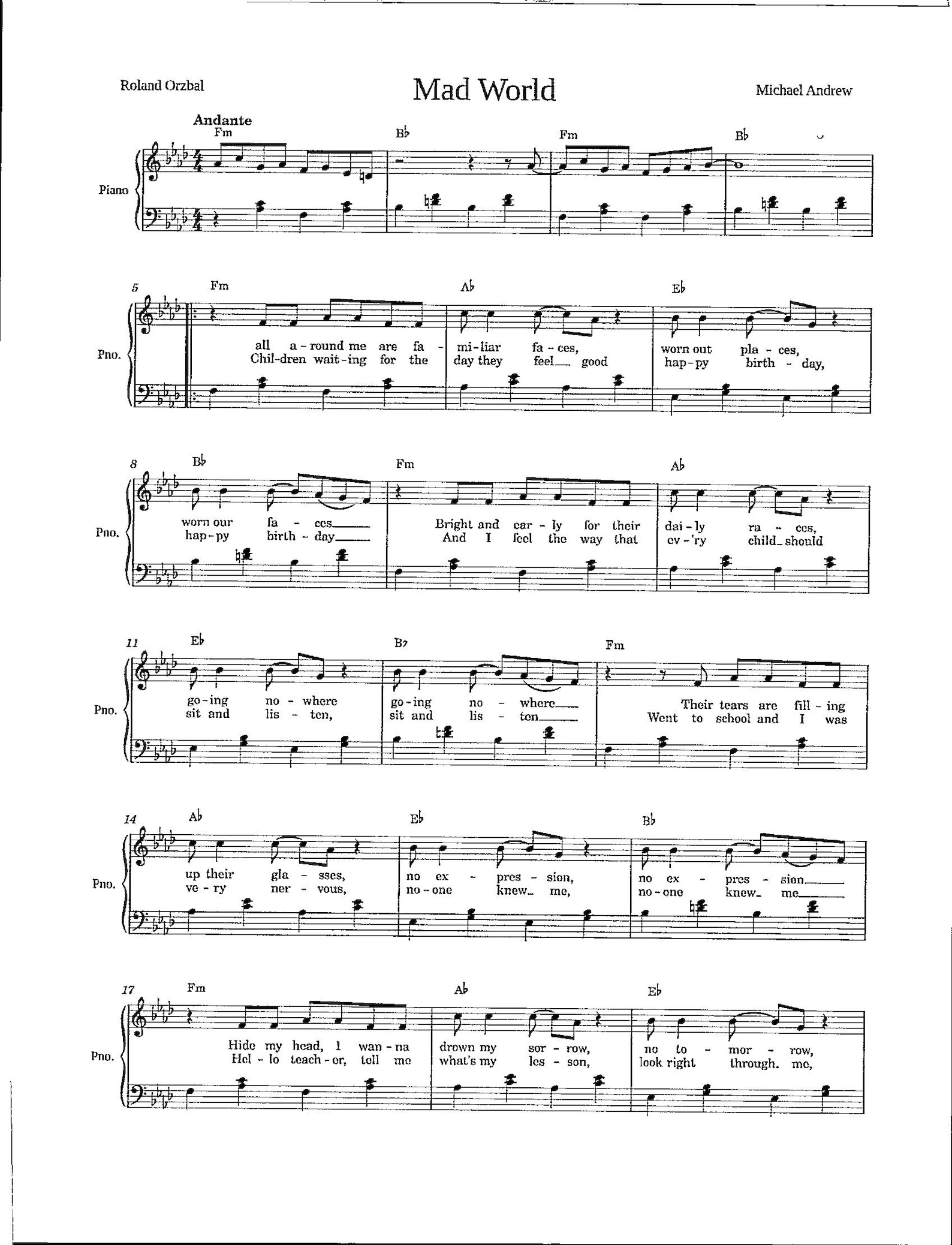 Mad World - Digital Teaching Piano With Lyrics and Chords - Key of F ...