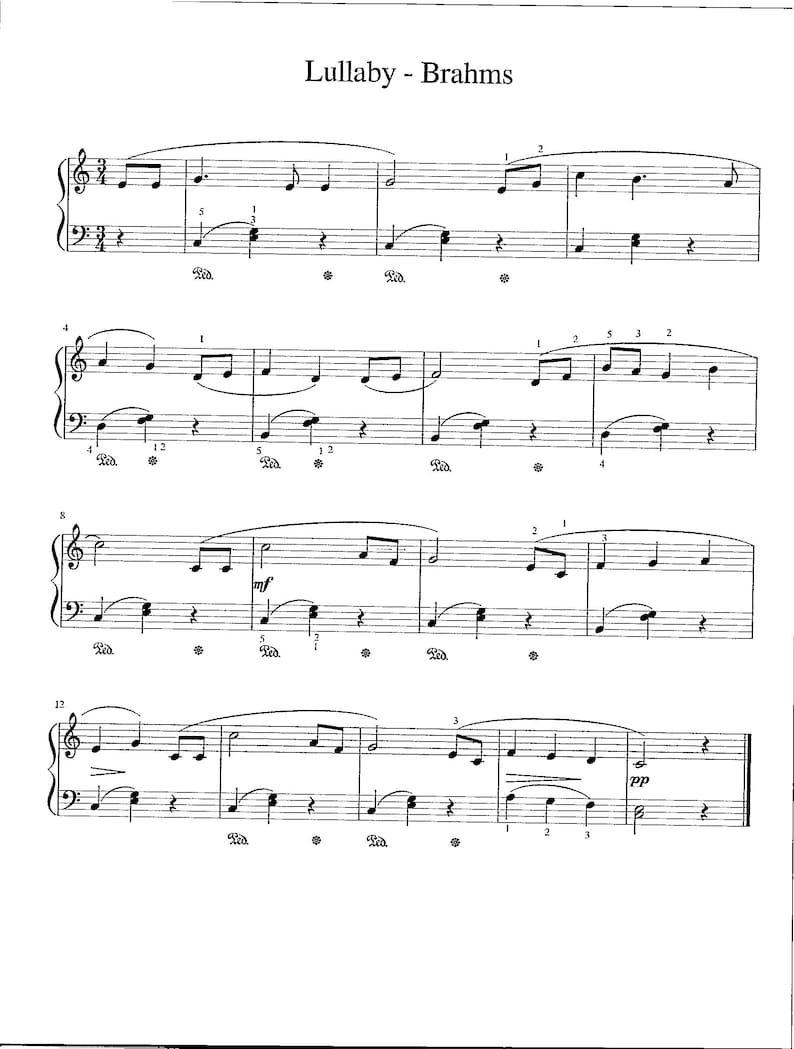 Lullaby by Brahms - Digital Easy Piano Solo - Key of C - Etsy
