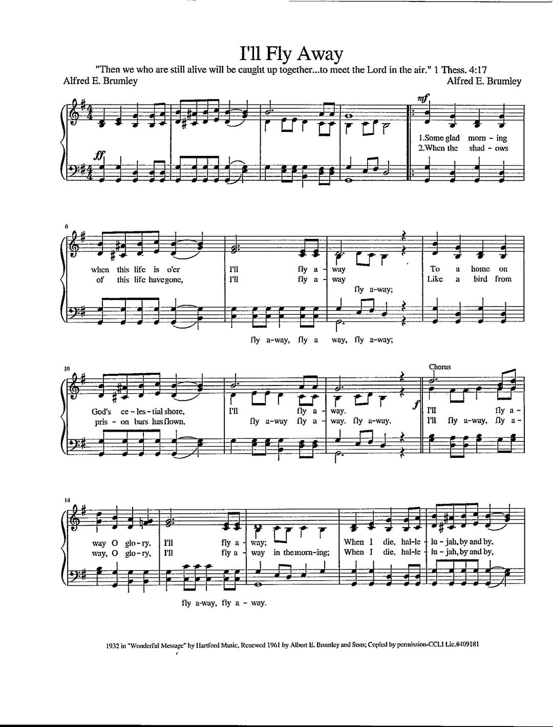 I'll Fly Away - Digital Hymn Download for Piano With Verses - Key of G - Etsy