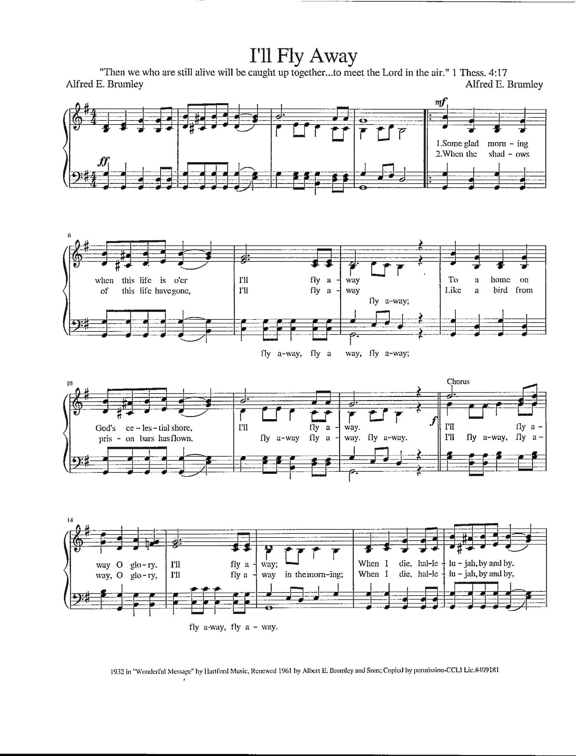 I'll Fly Away - Digital Hymn Download for Piano With Verses - Key of G ...