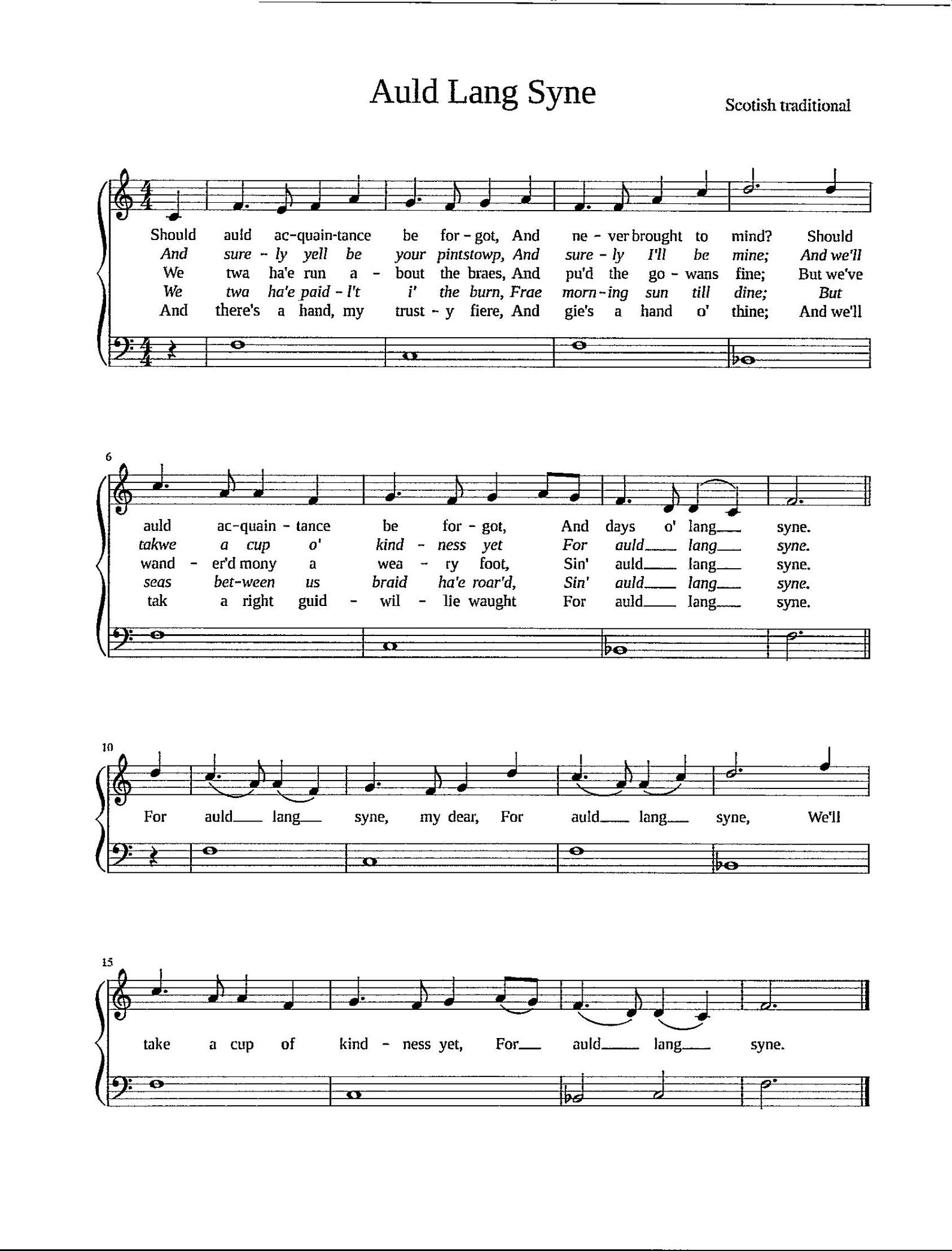 Auld Lang Syne - Digital Easy Sheet Music Piano With Lyrics - Key of C ...