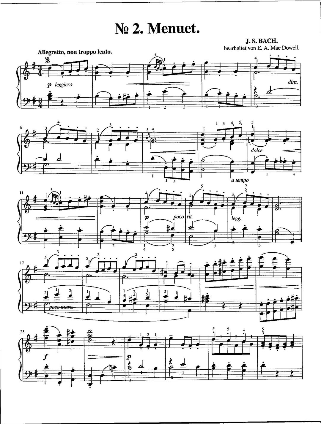 Menuet No. 2 by J. S. Bach - Digital Download Piano Solo - Key of G - Etsy