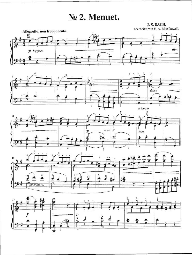Menuet No. 2 by J. S. Bach - Digital Download Piano Solo - Key of G - Etsy
