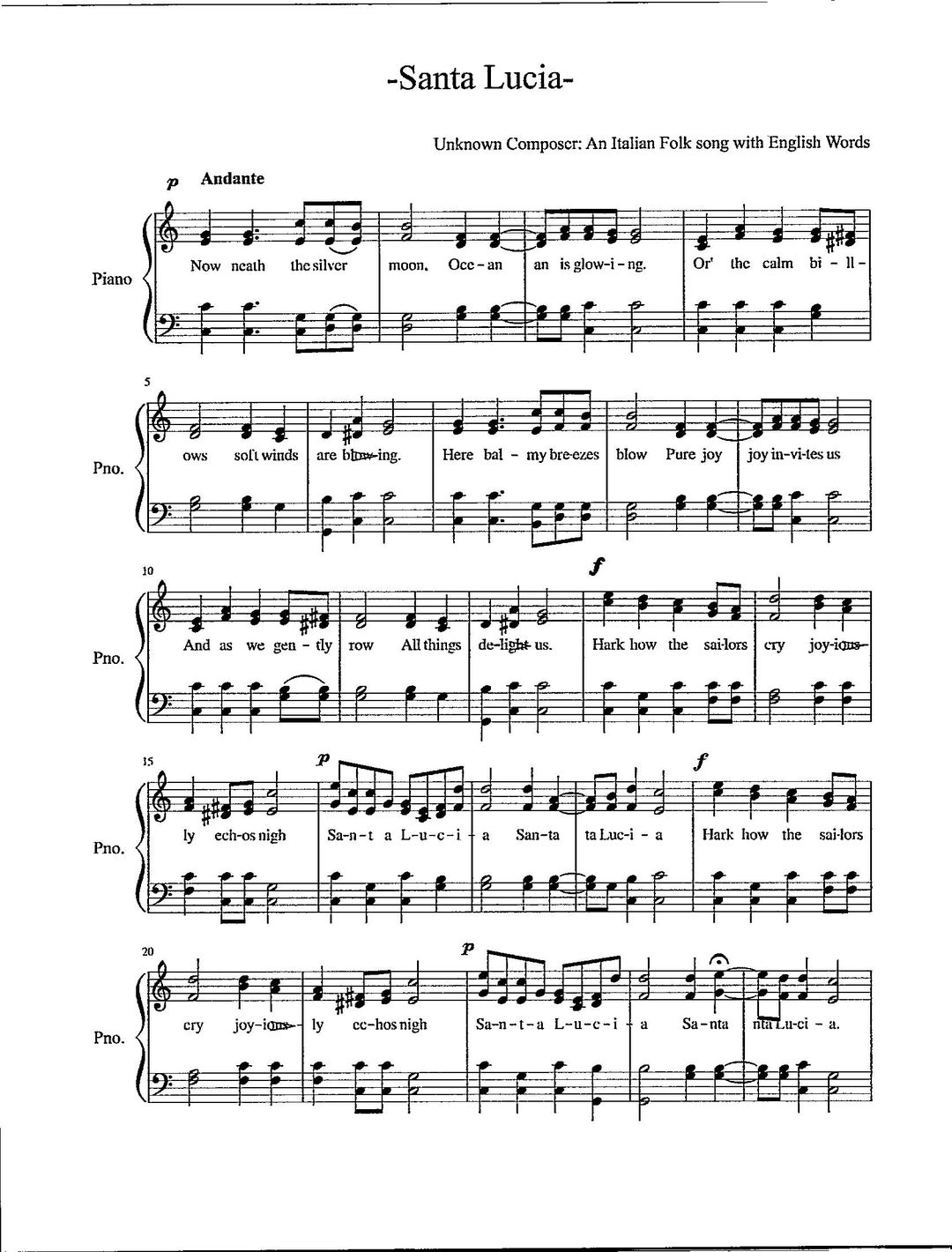 Santa Lucia - Digital Download Piano and Voices - Italian Folk Song - Etsy