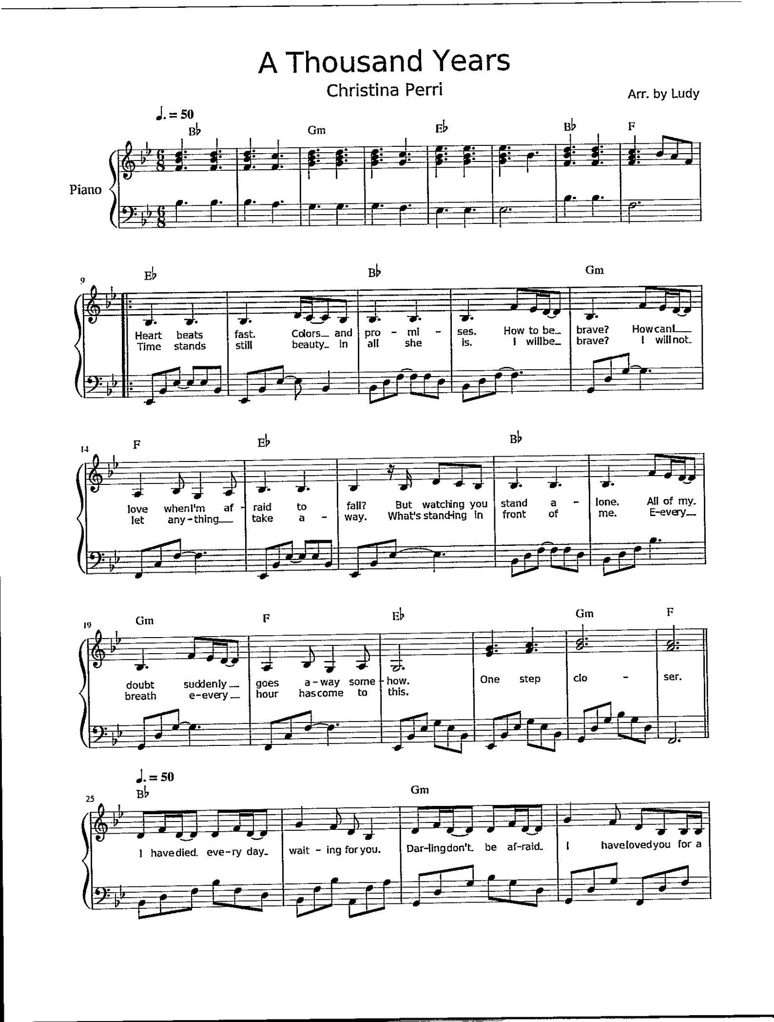 A Thousand Years - Digital Download Sheet Music for Piano With Lyrics ...