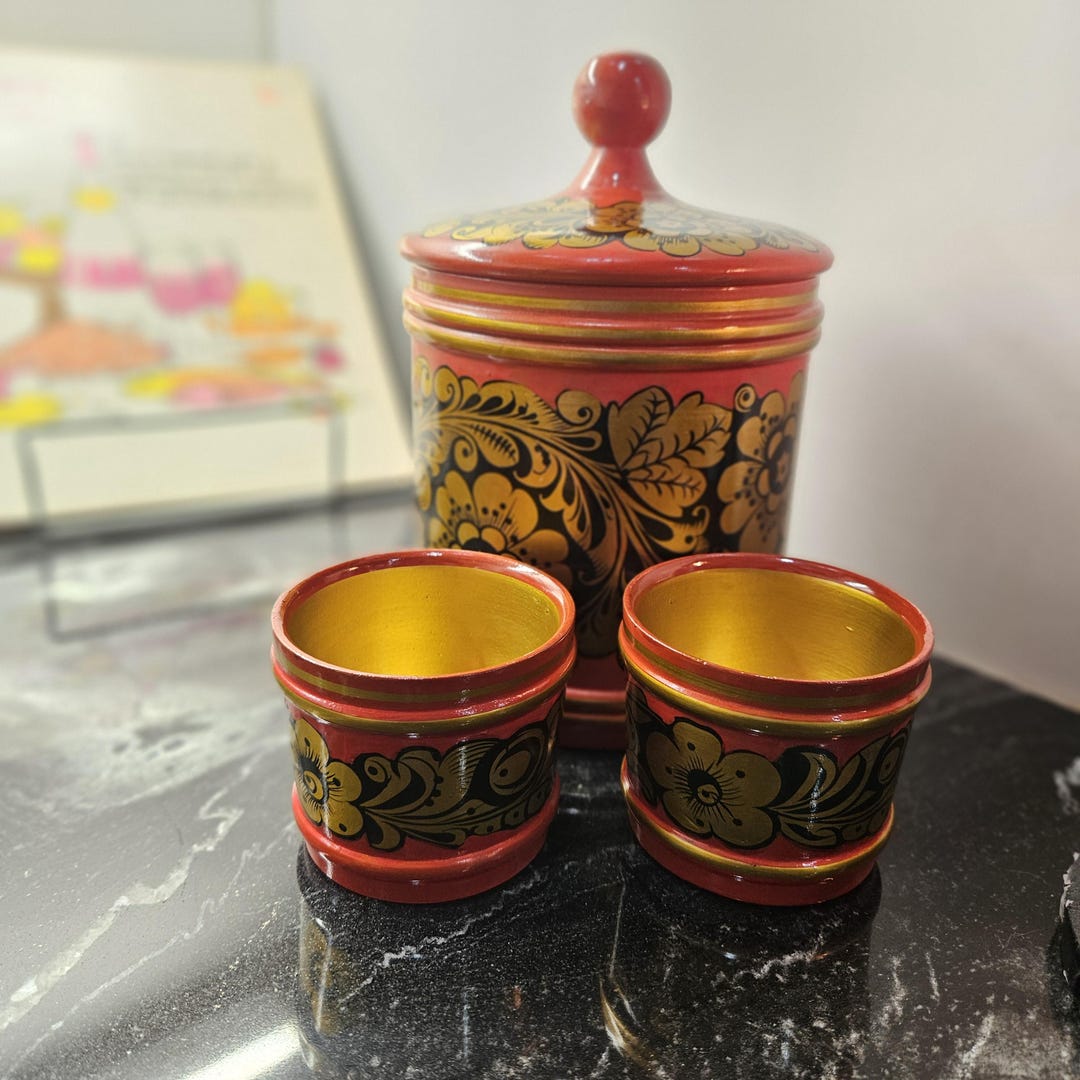 Vintage Russian Khokhloma Lacquerware Canister & Cups Set – Hand ...