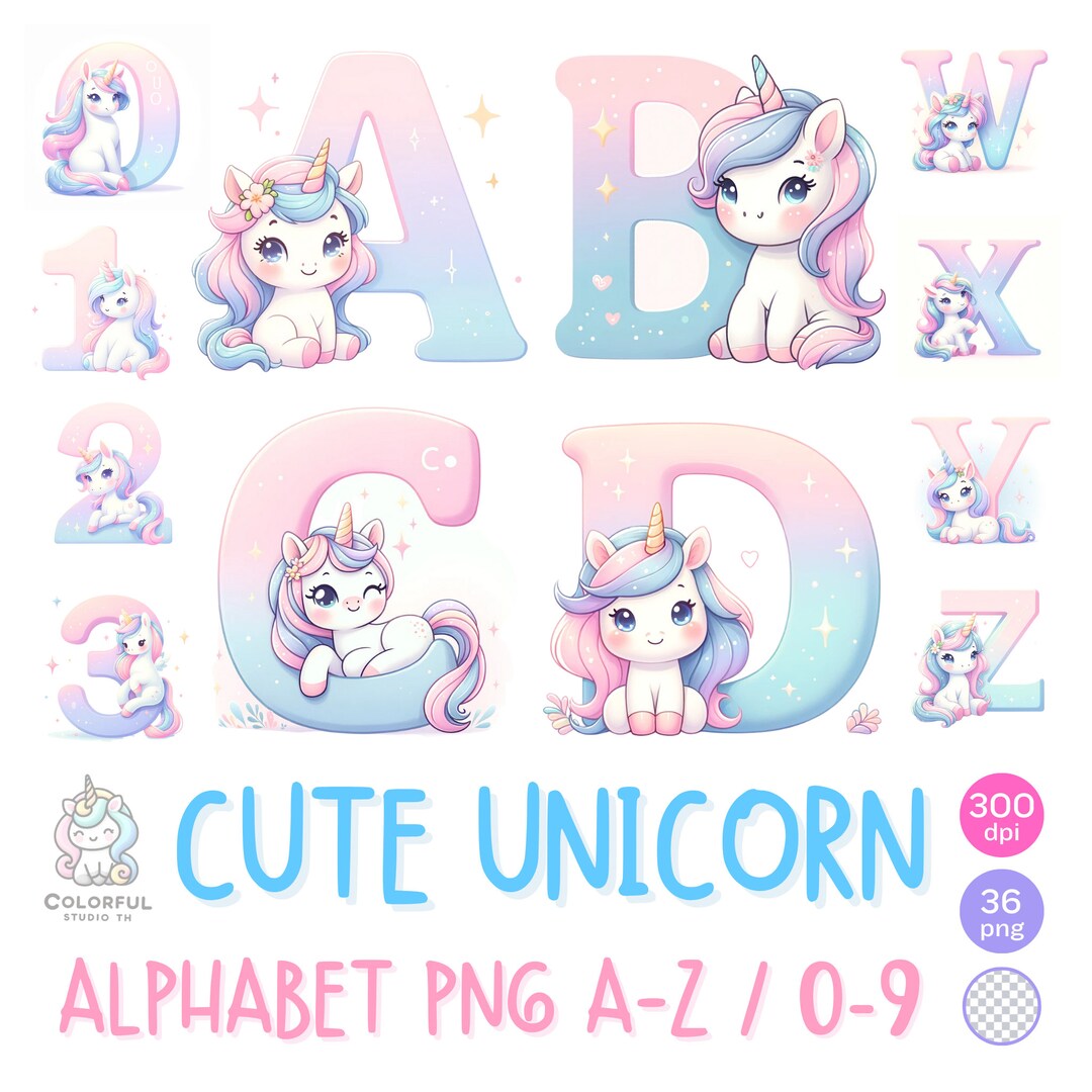 Unicorn Alphabet PNG: Pastel Doodle Letters, Numbers (digital Download ...