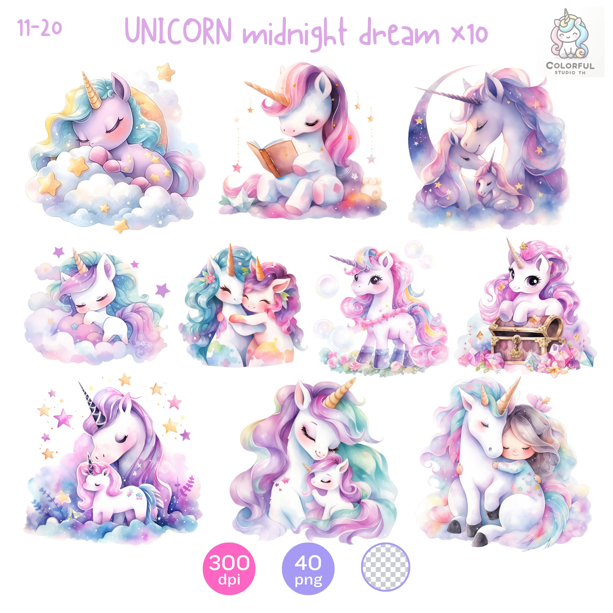 40 Cute Unicorn Watercolor Clipart PNG, Instant Download, Rainbow Clip ...