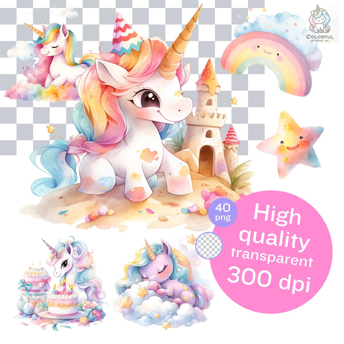 40 Cute Unicorn Watercolor Clipart PNG, Instant Download, Rainbow Clip ...