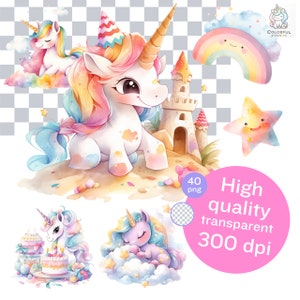 40 Cute Unicorn Watercolor Clipart PNG, Instant Download, Rainbow Clip ...