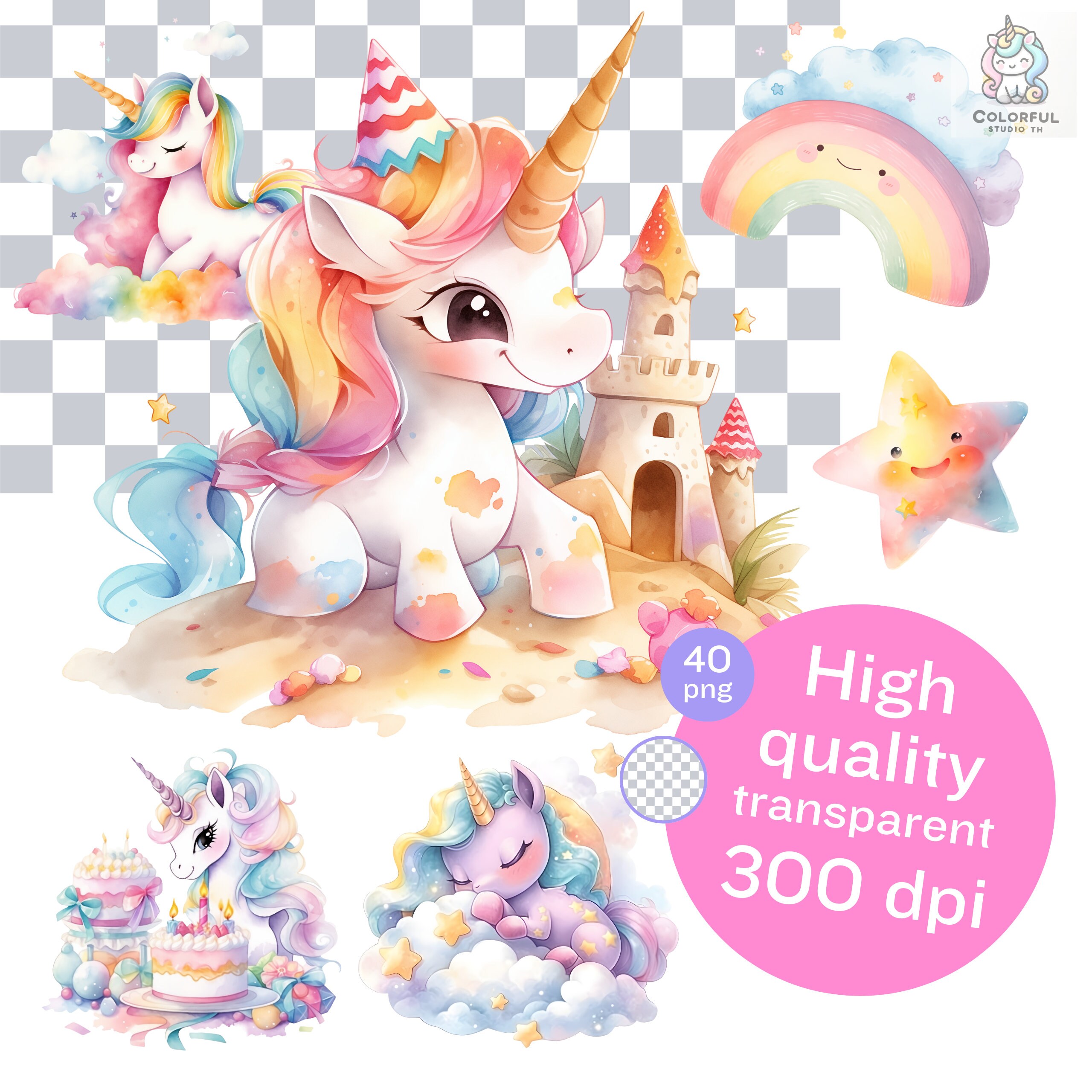 40 Cute Unicorn Watercolor Clipart PNG, Instant Download, Rainbow Clip ...