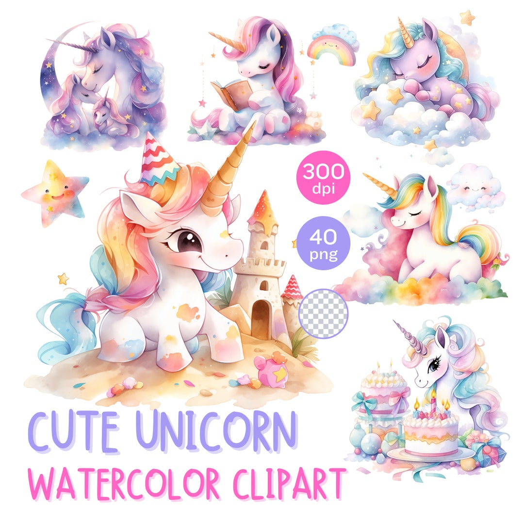 40 Cute Unicorn Watercolor Clipart PNG, Instant Download, Rainbow Clip ...