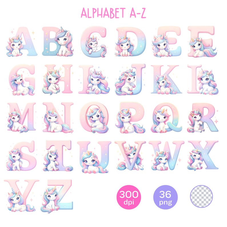 Unicorn Alphabet PNG: Pastel Doodle Letters, Numbers (digital Download ...