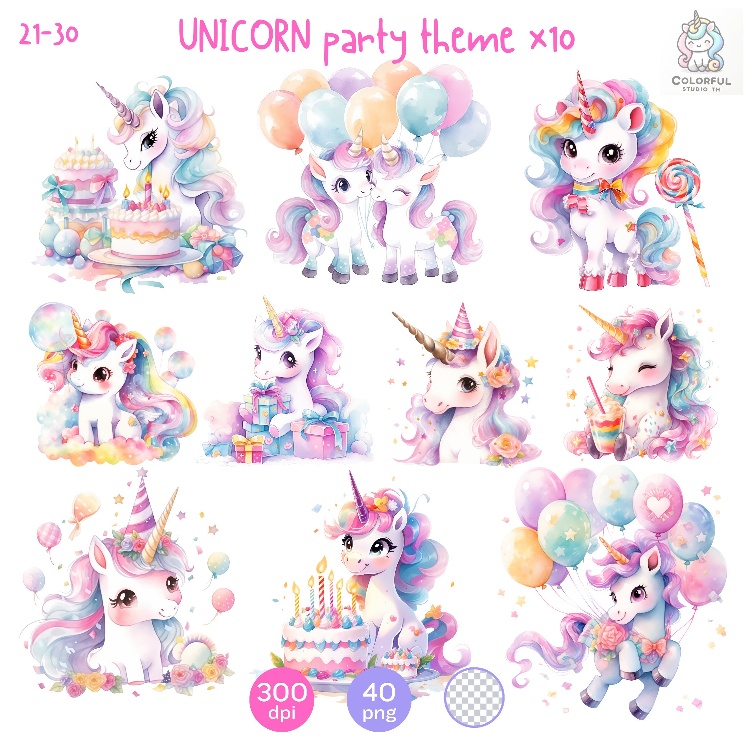 40 Cute Unicorn Watercolor Clipart PNG, Instant Download, Rainbow Clip ...