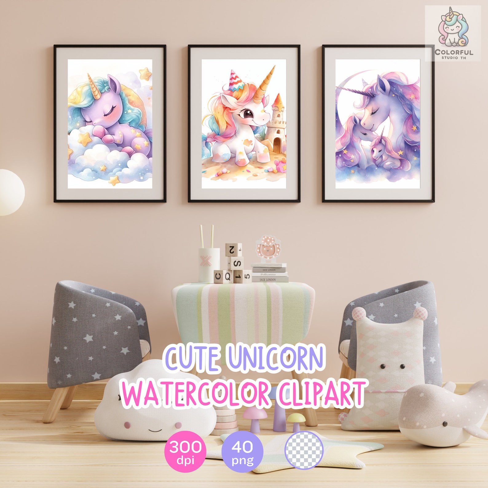 40 Cute Unicorn Watercolor Clipart PNG, Instant Download, Rainbow Clip ...