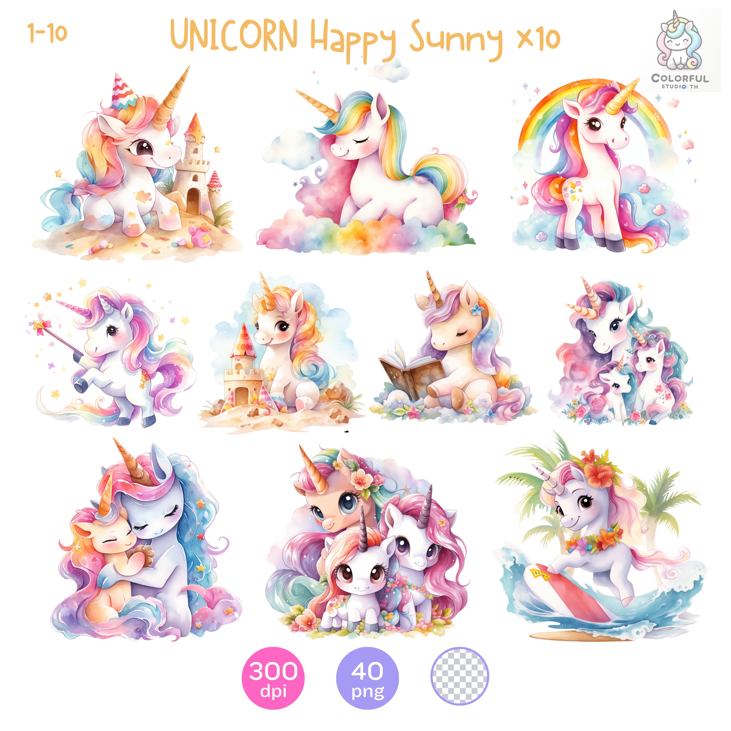 40 Cute Unicorn Watercolor Clipart PNG, Instant Download, Rainbow Clip ...