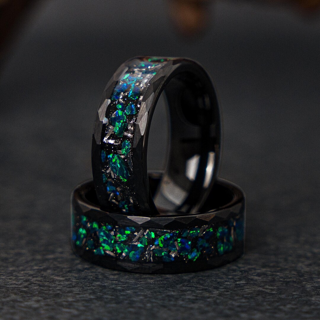 Meteorite Tungsten Ring With Crushed Emerald, Emerald Ring, Mens Wedding Band, Wedding Ring ...