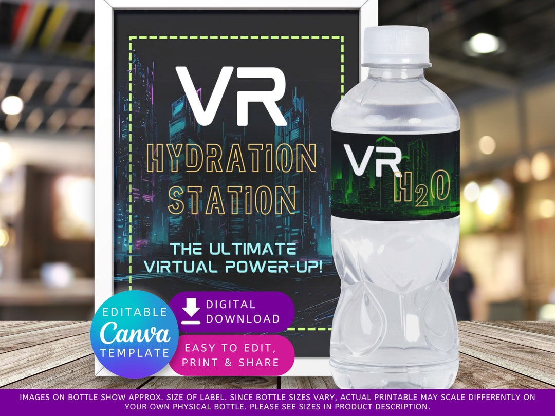 VR Party Water Bottle Labels & Drink Station Sign Template Editable ...