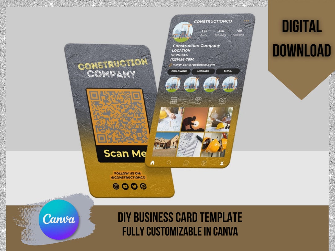 Construction Business Card Template | Editable Canva Contractor Card - Etsy