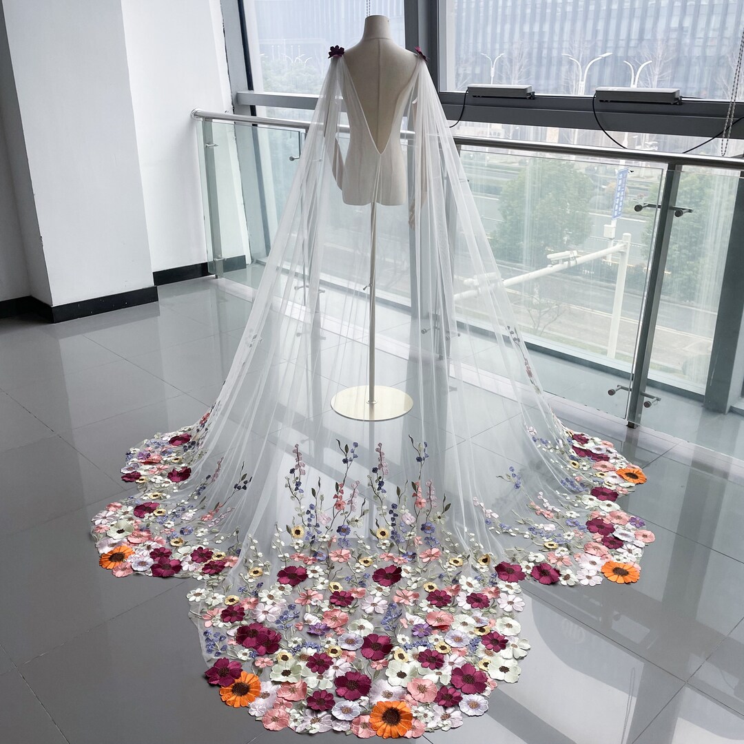Multicolored Flowers Wedding Veil Floral Bridal Cape Veil Flower ...