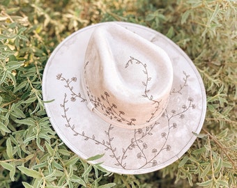 Boho Floral Fedora Hat "tender Tulips" | Hand-drawn Vegan Suede Wide ...