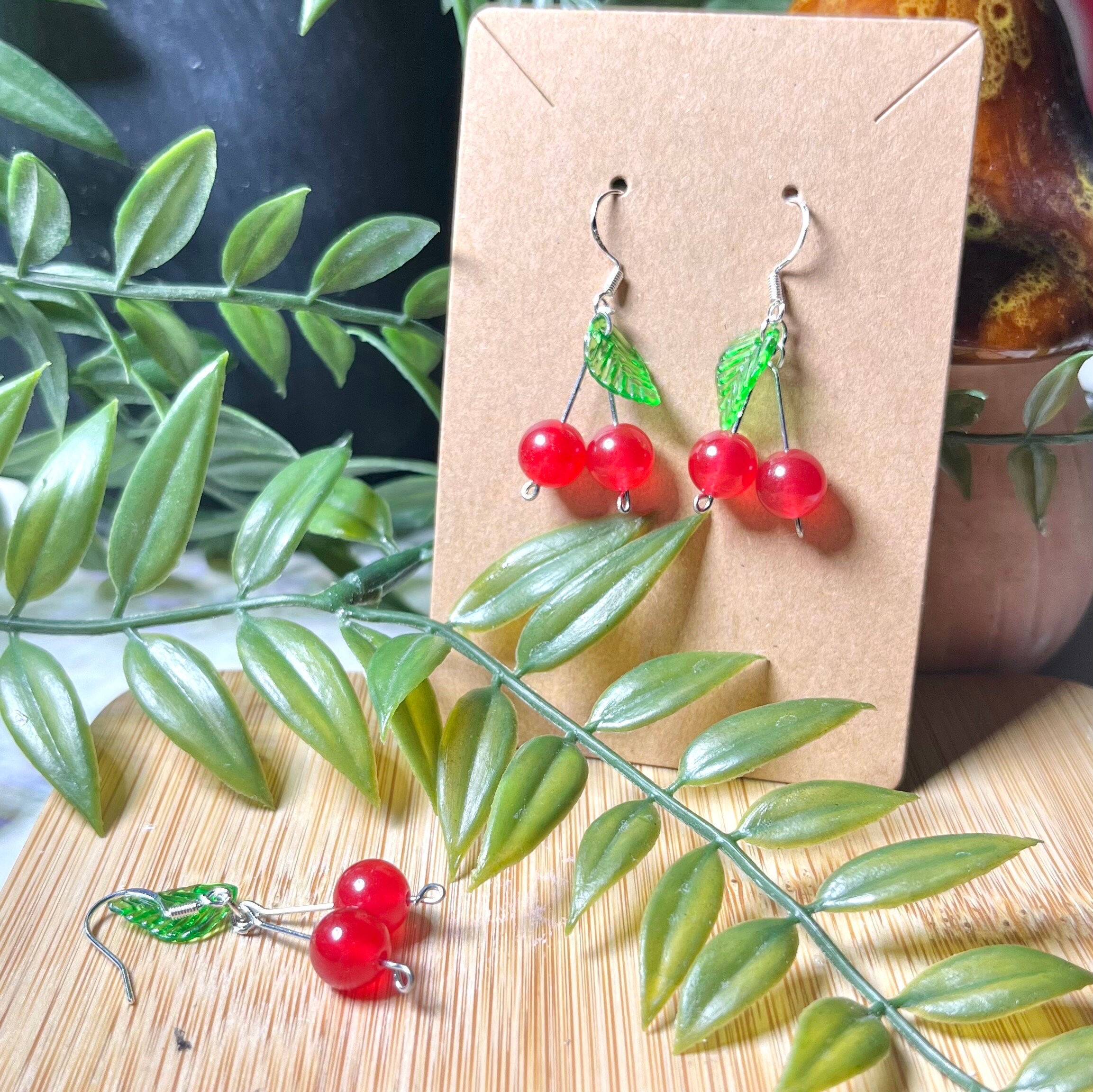 Cottagecore Cherry Dangle Earrings, Cute Fruit Pendant, Wire Wrapped Jewelry, Sterling Silver ...