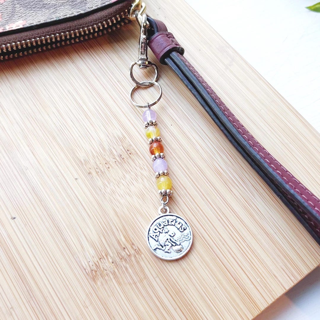 Custom Beaded Zodiac Sign Aquarius Keychain, Citrine Crystal ...