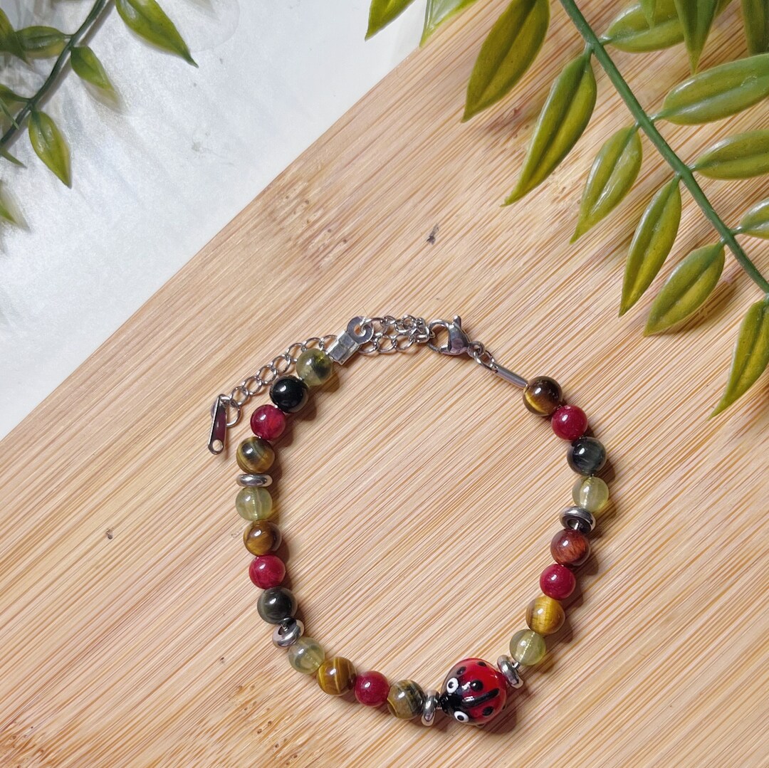 Earthy Tigers Eye Ladybug Charm Beacelrt, Healing Crystal Empath ...