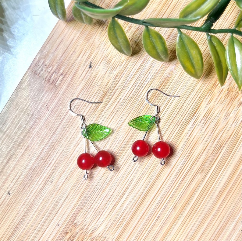 Cottagecore Cherry Dangle Earrings, Cute Fruit Pendant, Wire Wrapped ...