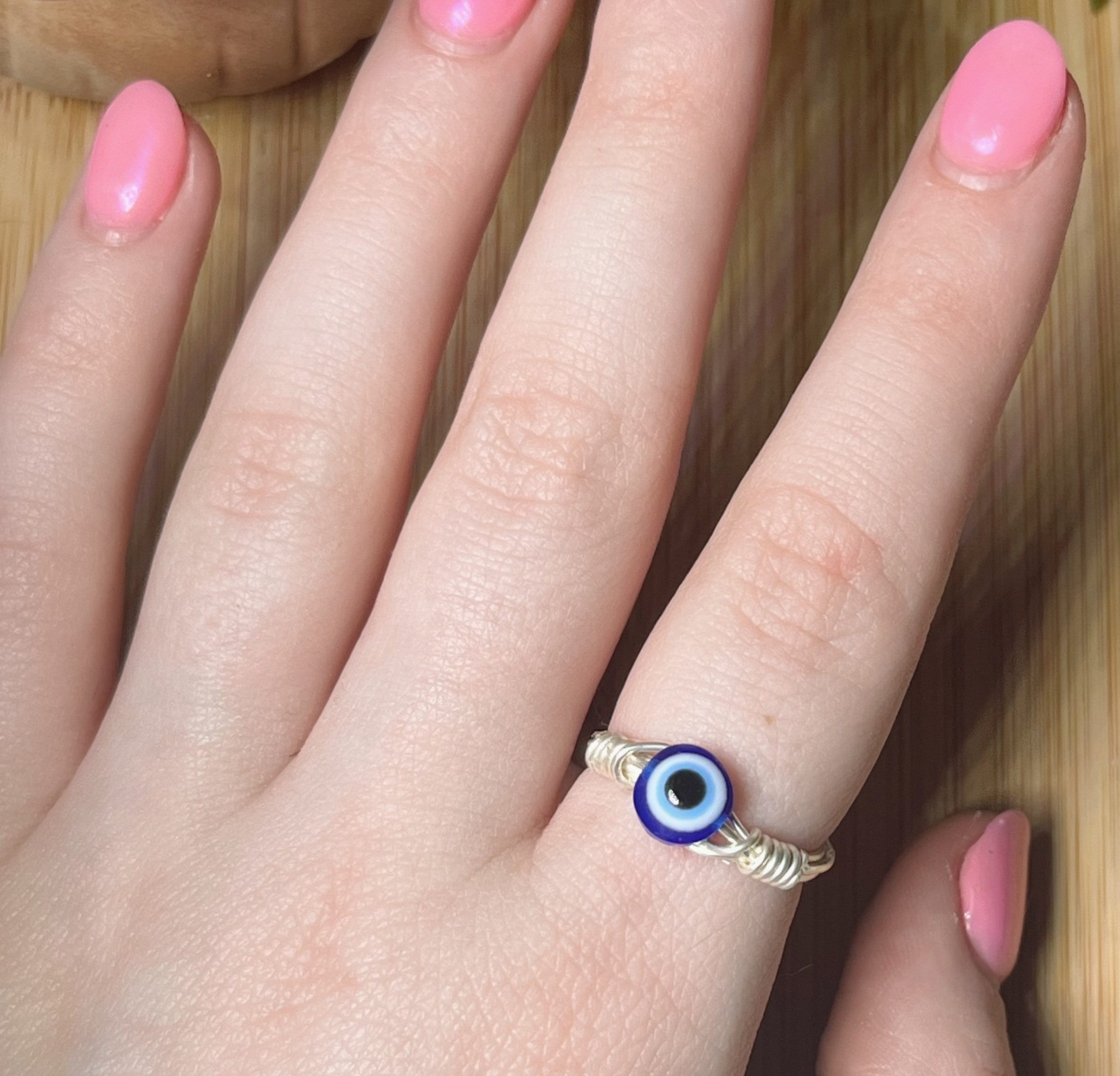 Dainty Blue Evil Eye Ring, Wire Wrapped Evil Eye Jewelry, Sterling ...