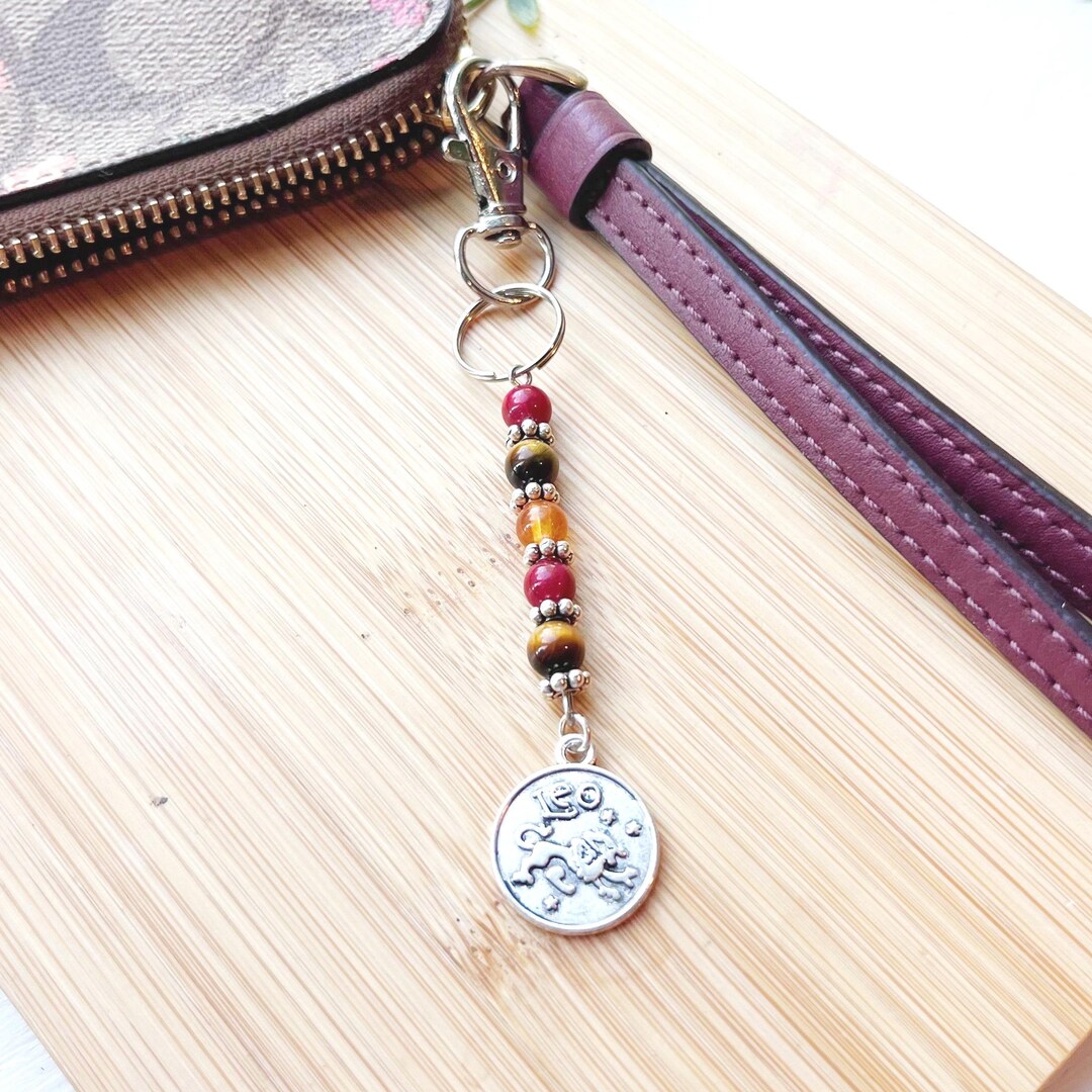 Custom Beaded Zodiac Sign Leo Keychain, Tigers Eye Crystal Personalized ...