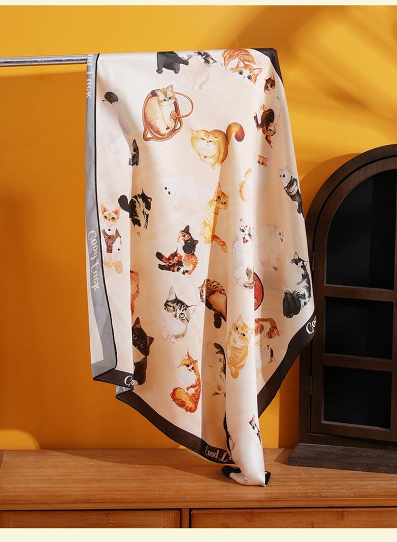 Large Cat Satin Scarf, Cute Rescue Cat Print Silk Scarf, Soft 50D Silk ...