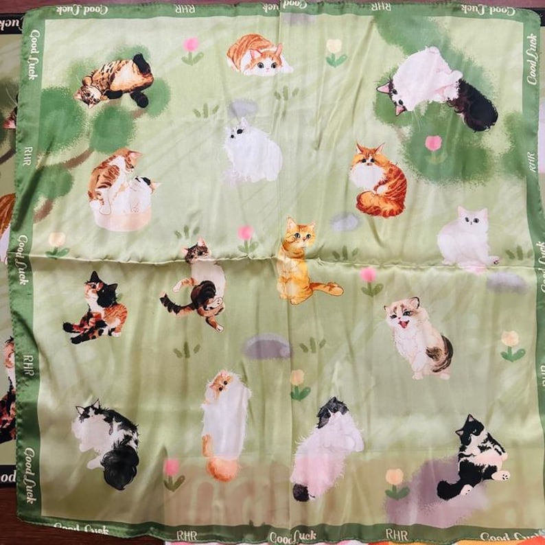 Large Cat Satin Scarf, Cute Rescue Cat Print Silk Scarf, Soft 50D Silk ...