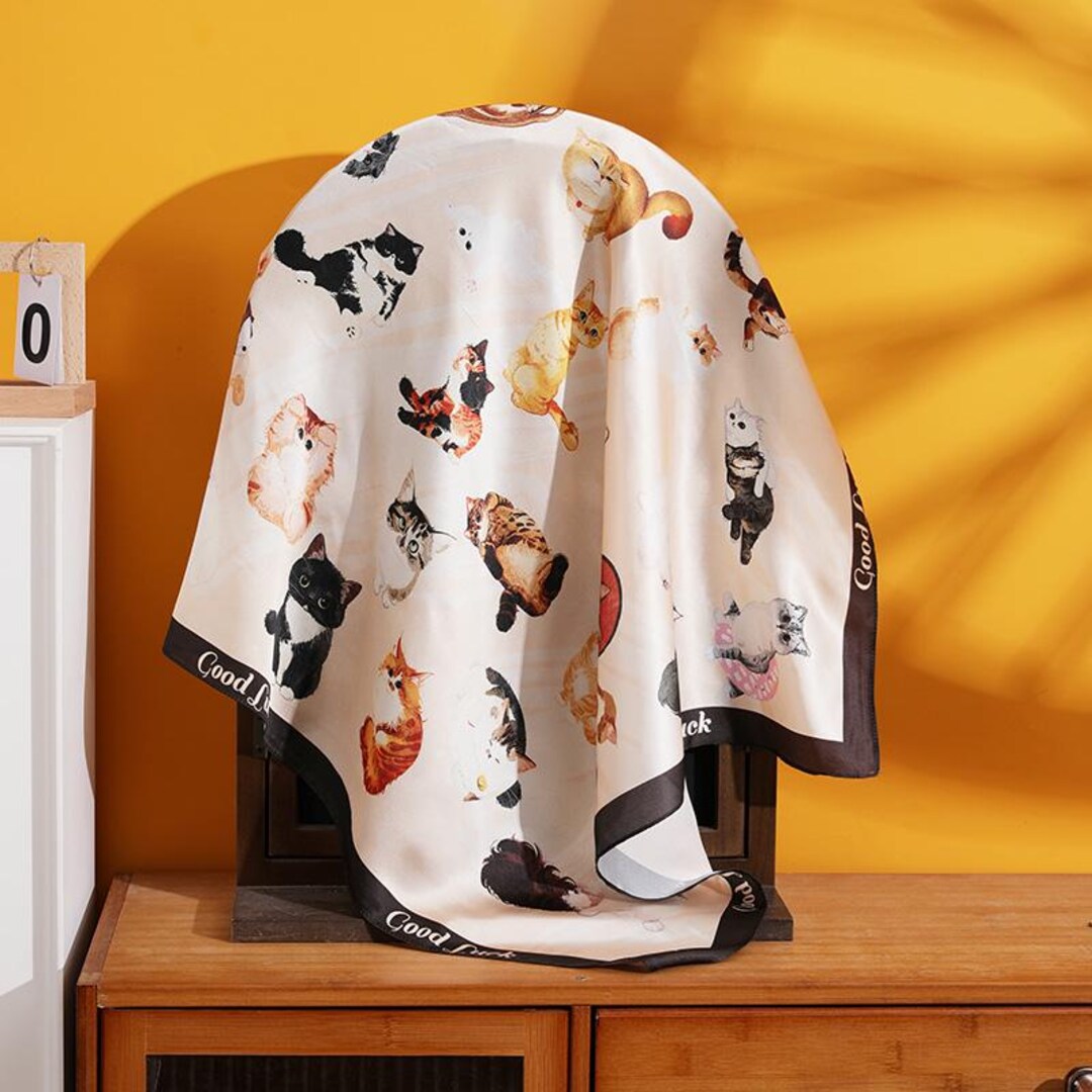 Large Cat Satin Scarf, Cute Rescue Cat Print Silk Scarf, Soft 50D Silk ...