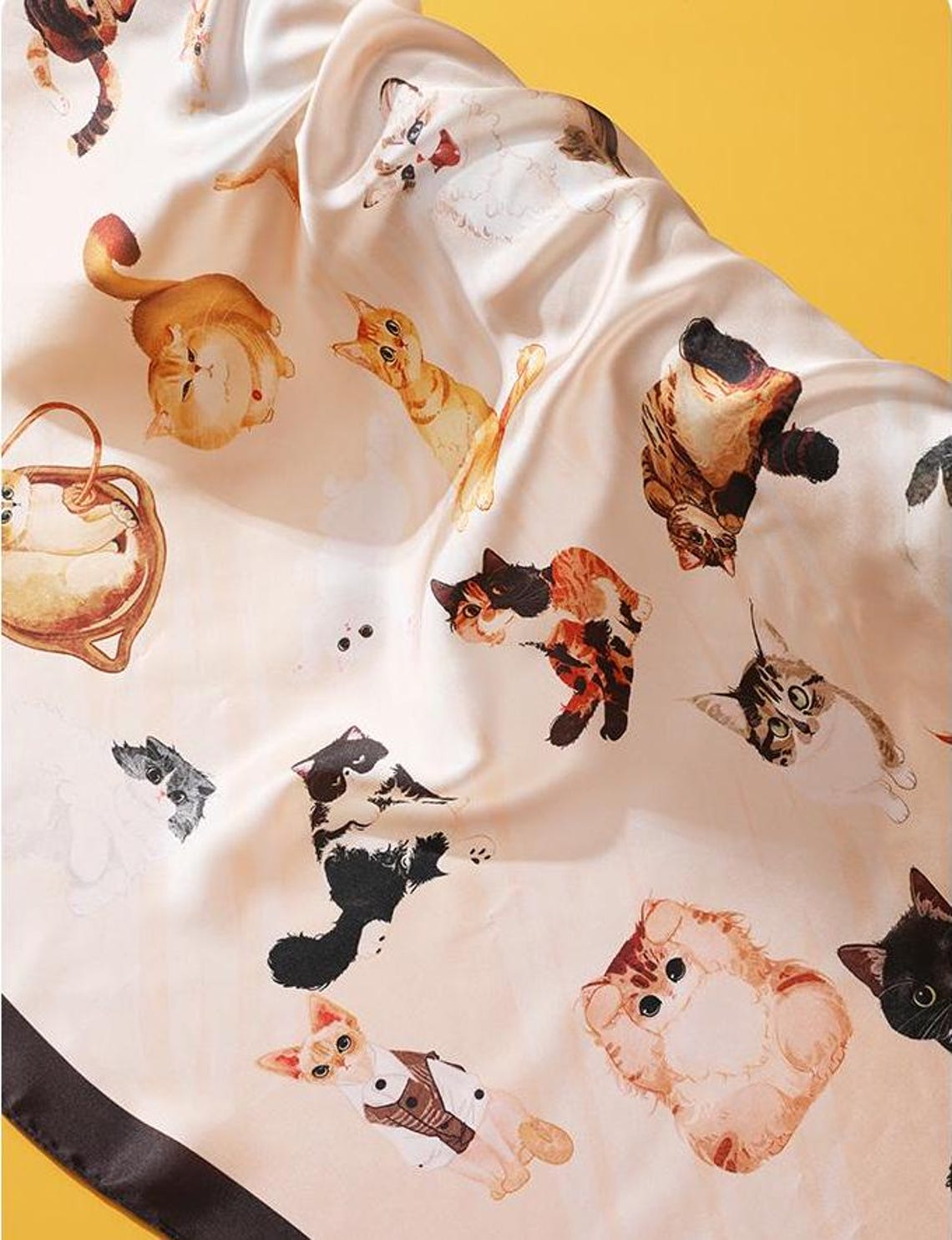 Large Cat Satin Scarf, Cute Rescue Cat Print Silk Scarf, Soft 50D Silk ...