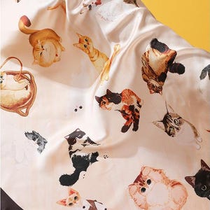 Large Cat Satin Scarf, Cute Rescue Cat Print Silk Scarf, Soft 50D Silk ...